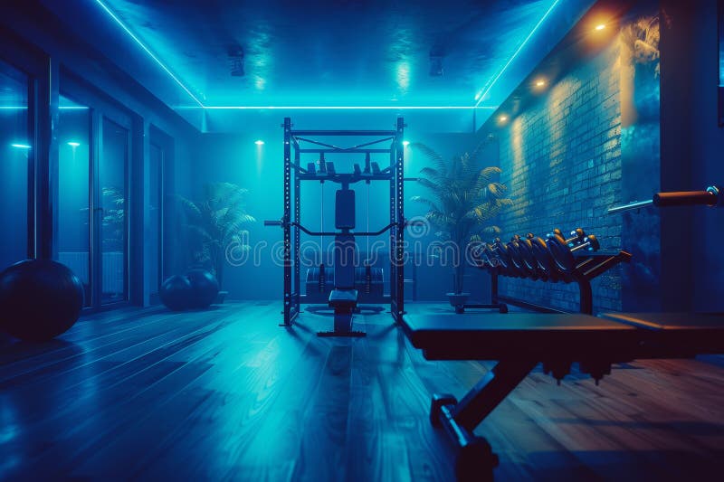 Empty Modern Gym with Exercise Equipment Under Blue Night Lighting ...