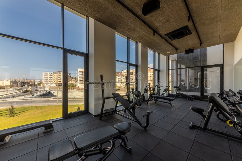 Empty Modern Gym. Gym Interior with Equipment. Fitness Stock Photo ...