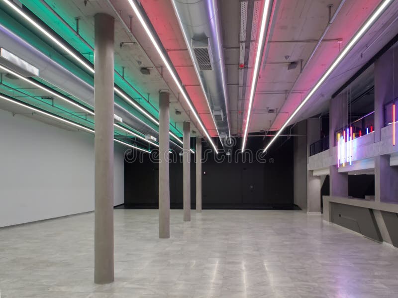 Empty Modern Hall with Neon Lights Stock Image - Image of abstract ...