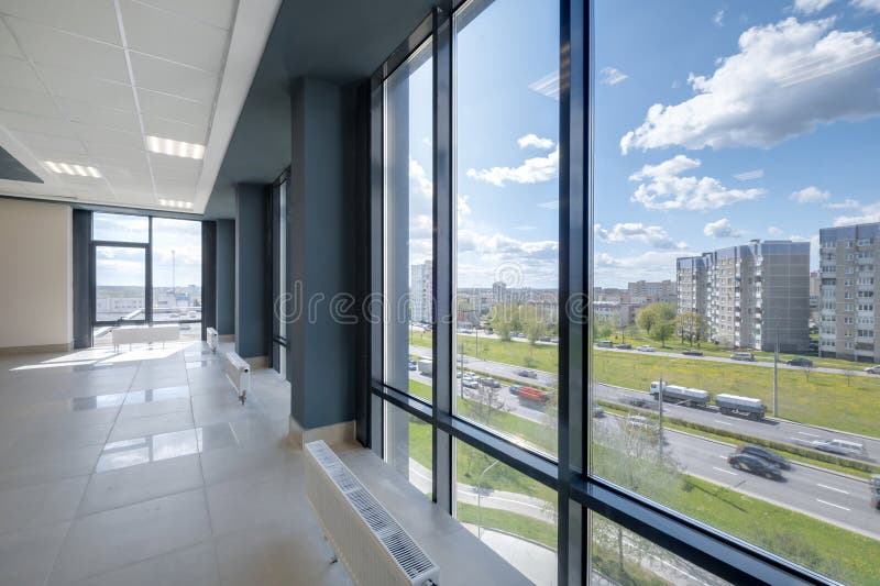 Empty Modern Hall Room with Columns, Doors and Panoramic Windows Stock ...