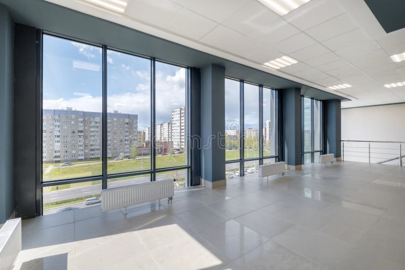 Empty Modern Hall Room with Columns, Doors and Panoramic Windows Stock ...