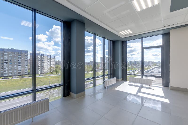 Empty Modern Hall Room with Columns, Doors and Panoramic Windows Stock ...