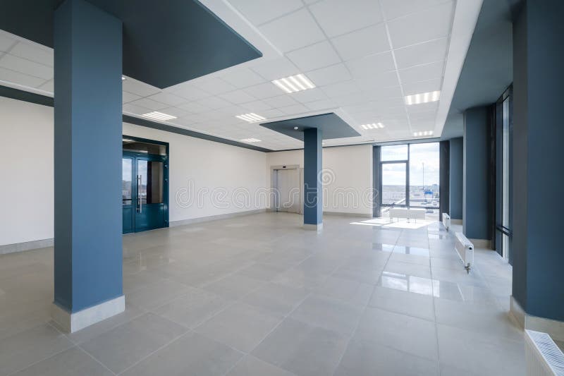 Empty Modern Hall Room with Columns, Doors and Panoramic Windows Stock ...