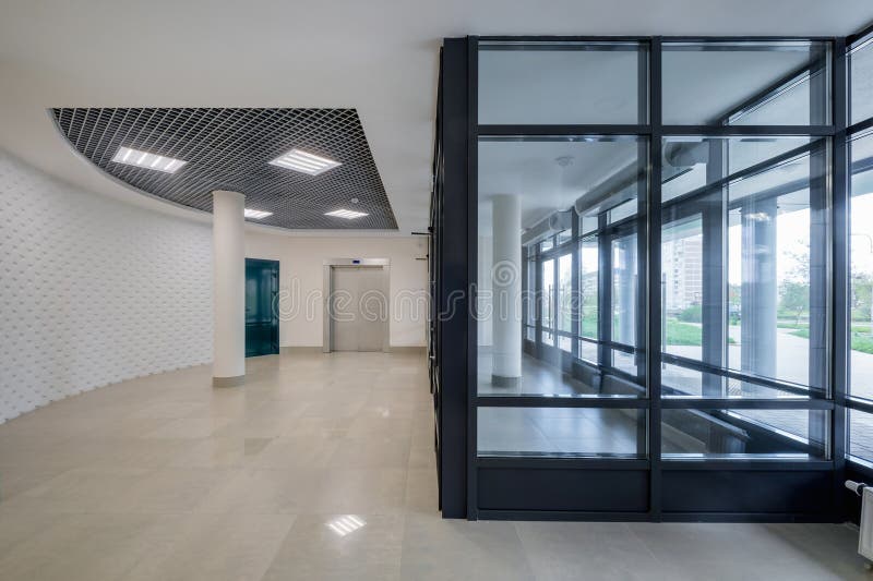 Empty Modern Hall Room with Columns, Doors and Panoramic Windows Stock ...