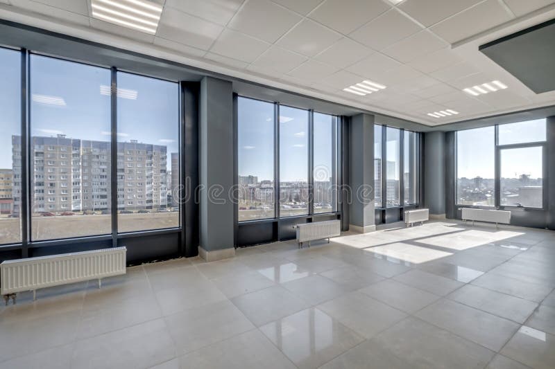 Empty Modern Hall Room with Columns, Doors and Panoramic Windows Stock ...