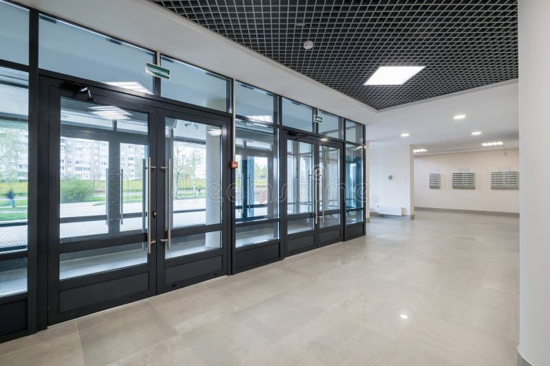 Empty Modern Hall Room with Columns, Doors and Panoramic Windows Stock ...