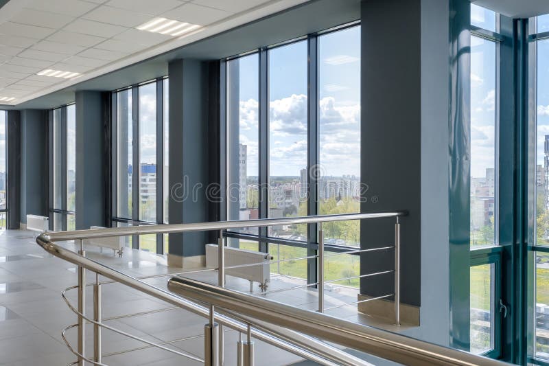 Empty Modern Hall Room with Columns, Doors and Panoramic Windows Stock ...
