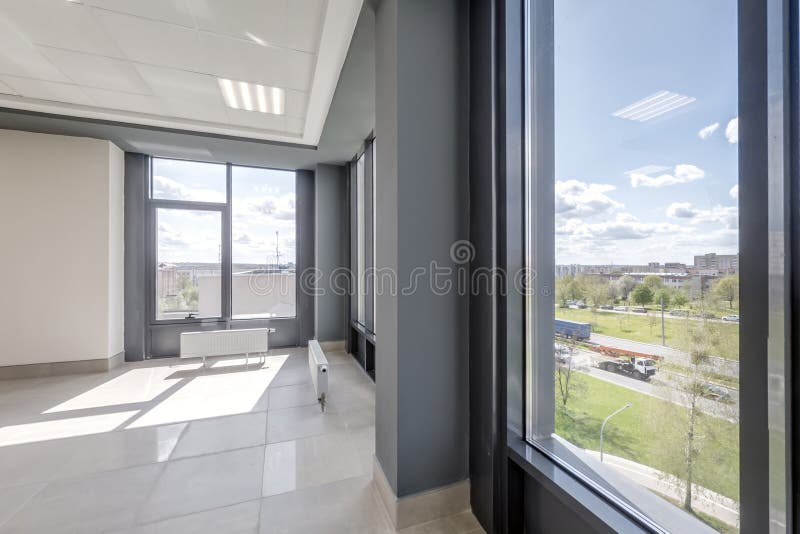 Empty Modern Hall Room with Columns, Doors and Panoramic Windows Stock ...