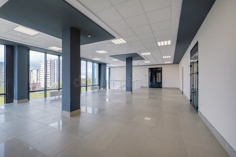 Empty Modern Hall Room with Columns, Doors and Panoramic Windows Stock ...