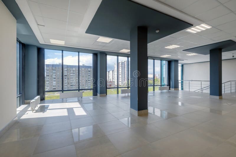 Empty Modern Hall Room with Columns, Doors and Panoramic Windows Stock ...