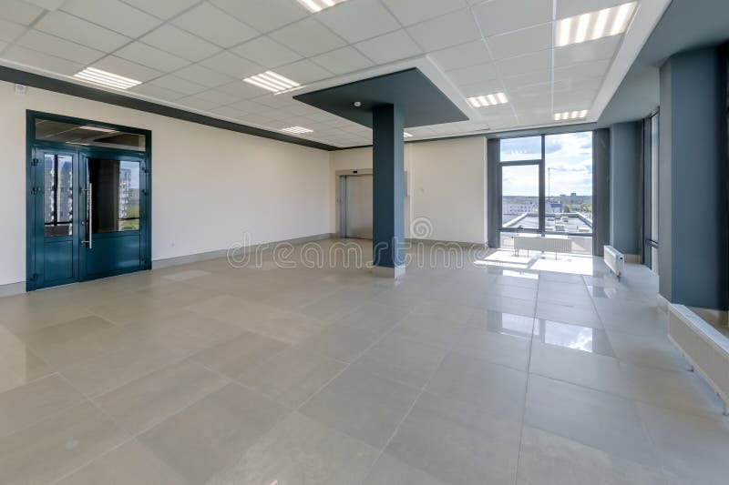 Empty Modern Hall Room with Columns, Doors and Panoramic Windows Stock ...