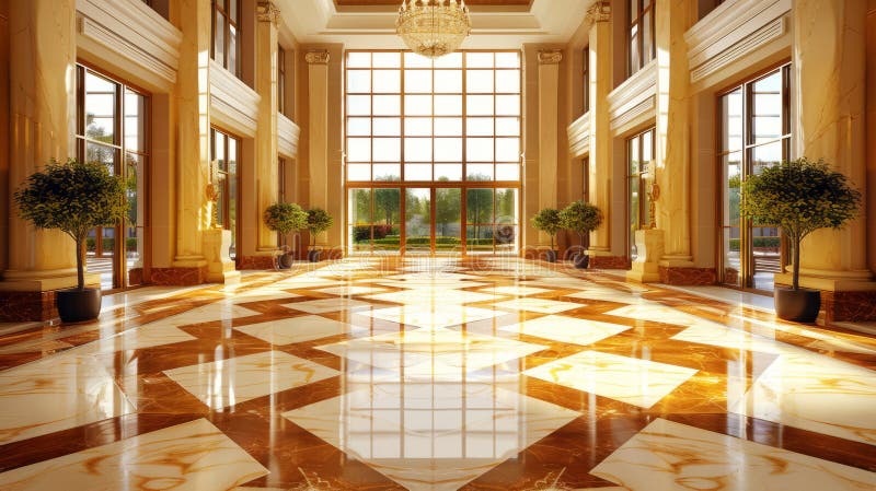 Empty Modern Hall Room with Columns, Doors and Panoramic Windows Stock ...