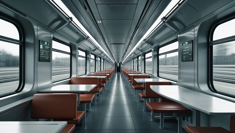 Empty Modern High Speed Train Restaurant Car Moving through Countryside ...
