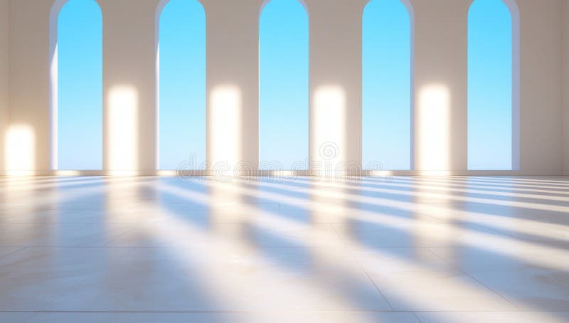 Empty Modern Interior with Arched Windows, Sunlight, and Shadows ...