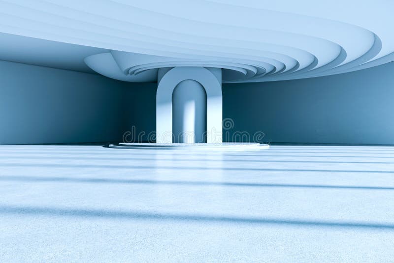Empty Modern Interior with Blue Tones and Wave Ceiling Design. 3D ...