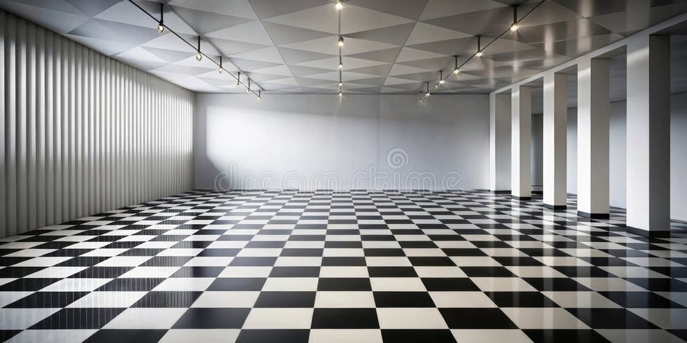 Empty Modern Interior Space with Checkerboard Floor, Track Lighting ...