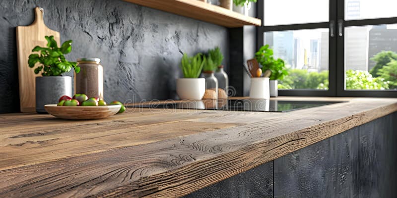 Empty Modern Kitchen Countertop with Wooden Texture and Natural Light ...