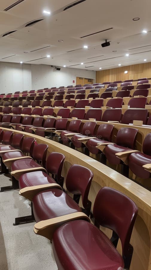 Empty Modern Lecture Hall with Rows of Red Chairs and Wooden Desks in a ...