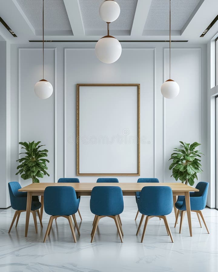 Empty Modern Meeting Room with Long Table, Blue Chairs and White Mock ...