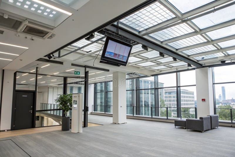 Modern Empty Office Building with Automatic Table and LCD Screen Stock ...