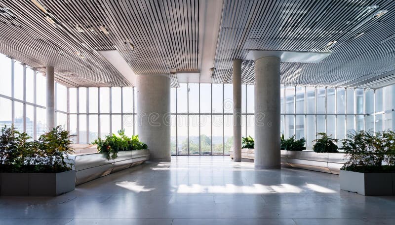 An Empty Modern Office Building Interior with Concrete Pillars, Benches ...