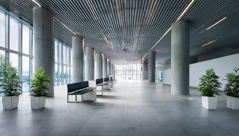 An Empty Modern Office Building Interior with Concrete Pillars, Benches ...