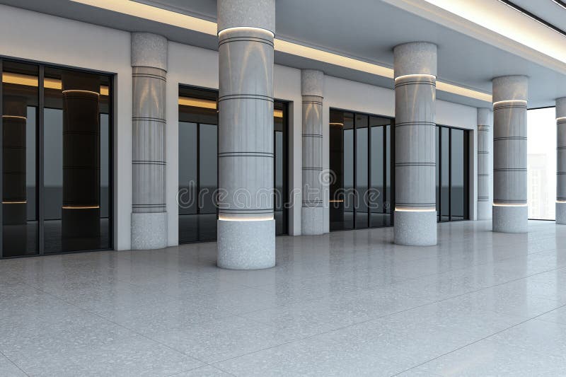 Empty Modern Office Corridor with Grey Columns Stock Illustration ...