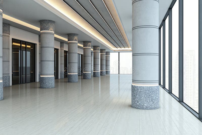 Empty Modern Office Corridor with Grey Columns Stock Illustration ...