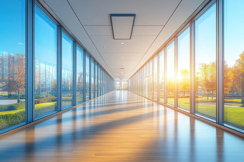 Empty Modern Office Corridor with Large Windows Overlooking a Park ...