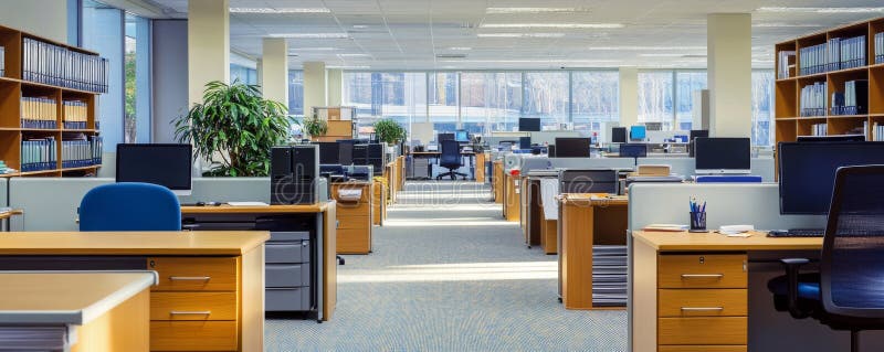 Empty Modern Office Cubicle Workspace Composition, Bright Windows ...