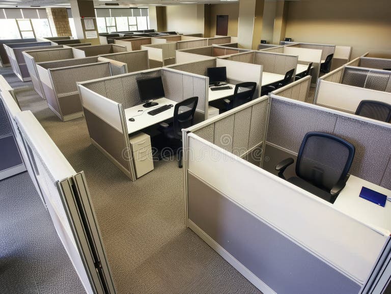 Empty Modern Office Cubicles with Computers and Chairs Stock ...
