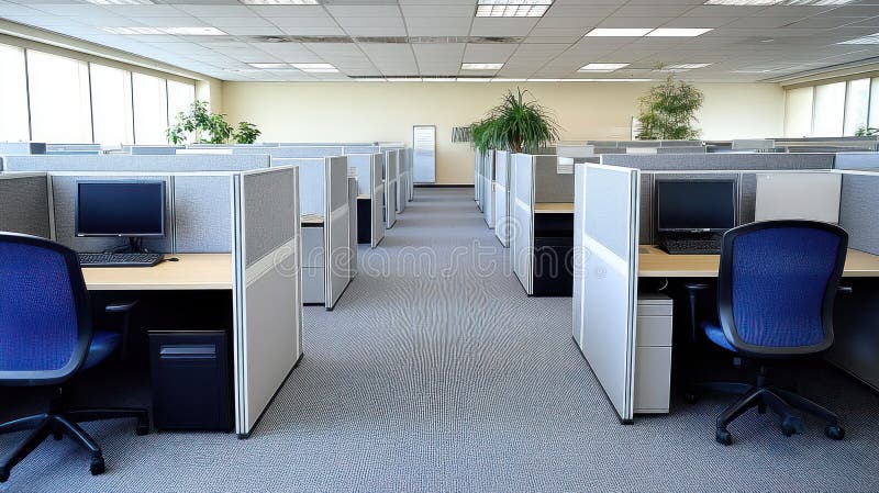 Empty Modern Office with Cubicles, Desks, and Chairs Stock Illustration ...
