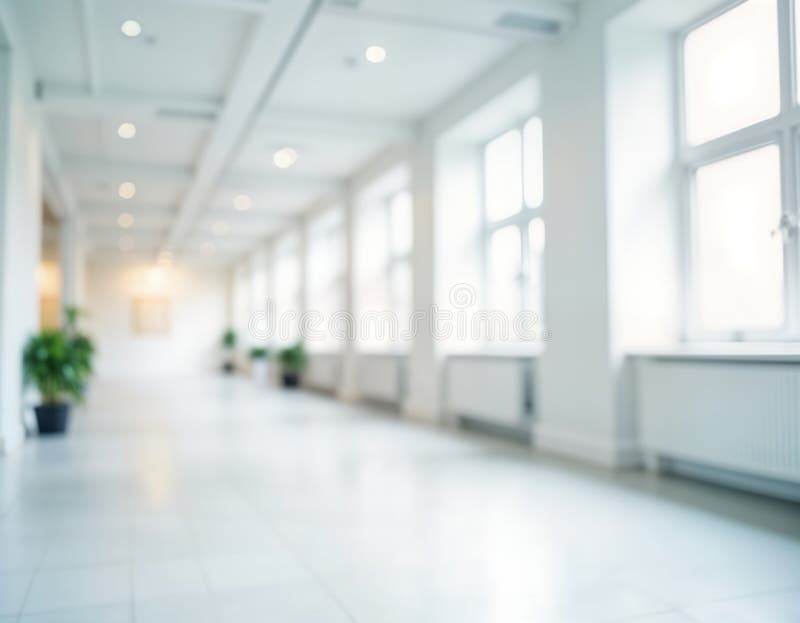 Empty Modern Office Hallway with Bright White Interior. Large Windows ...