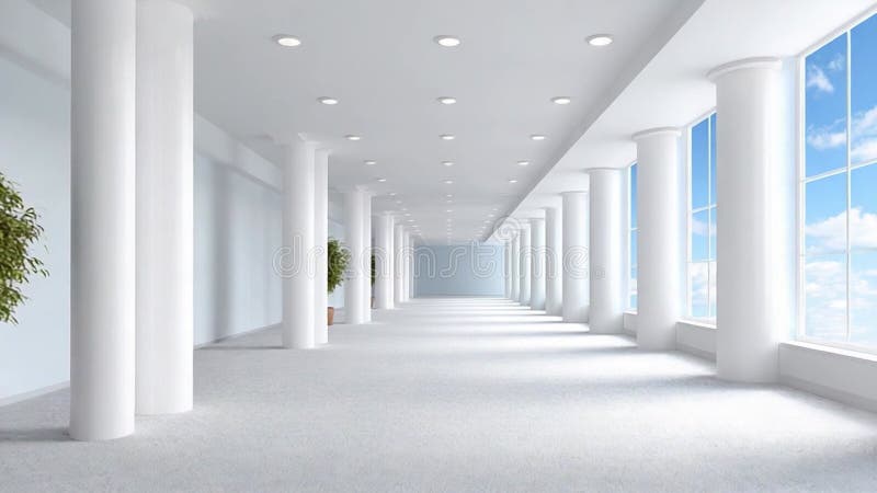 Empty Modern Office Hallway with Columns and Plants Changing Colors ...