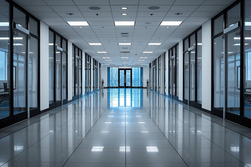 Empty Modern Office Hallway Reflecting Light from Ceiling Lights Stock ...
