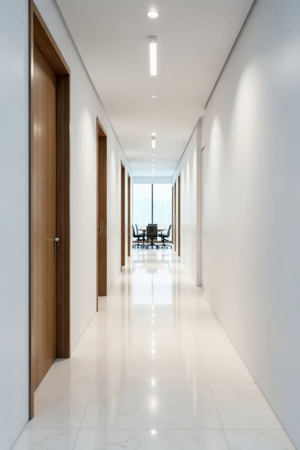 Empty Modern Office Hallway, White Wall, Meeting Room Visible, Clean ...
