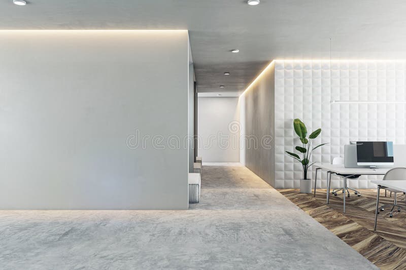 An Empty, Modern Office Interior with Desks, a Computer, and Stylish ...
