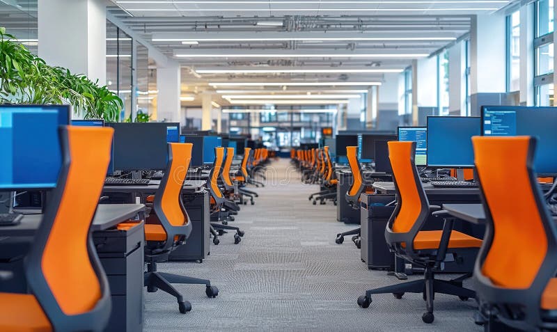 Empty Modern Office Interior with Orange Chairs, Computers, and Aisle ...