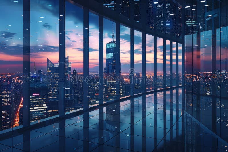 Empty Modern Office Interior Overlooking Manhattan Skyline Sunset Stock ...