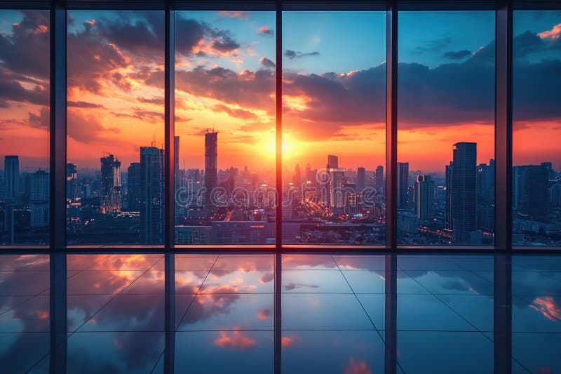 Modern Empty Office Interior Reflecting Dramatic Sunset Over Cityscape ...