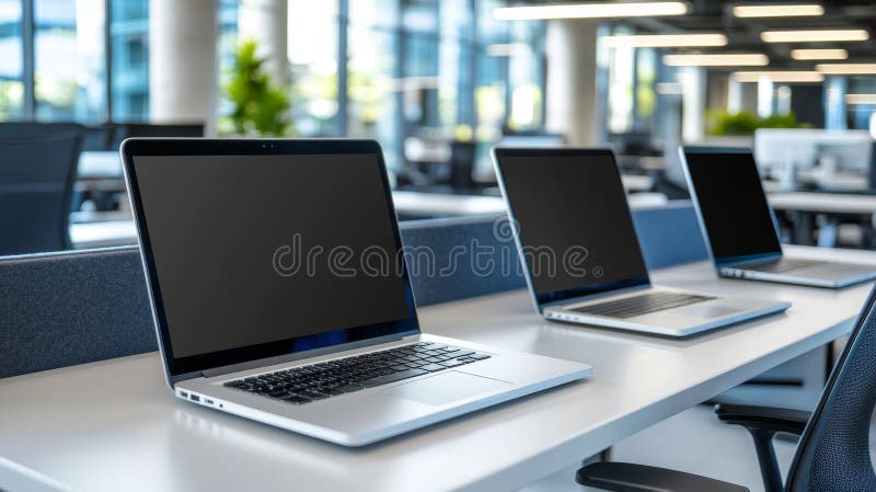 Empty Modern Office Interior. Row of Laptops on Desk in Coworking Space ...