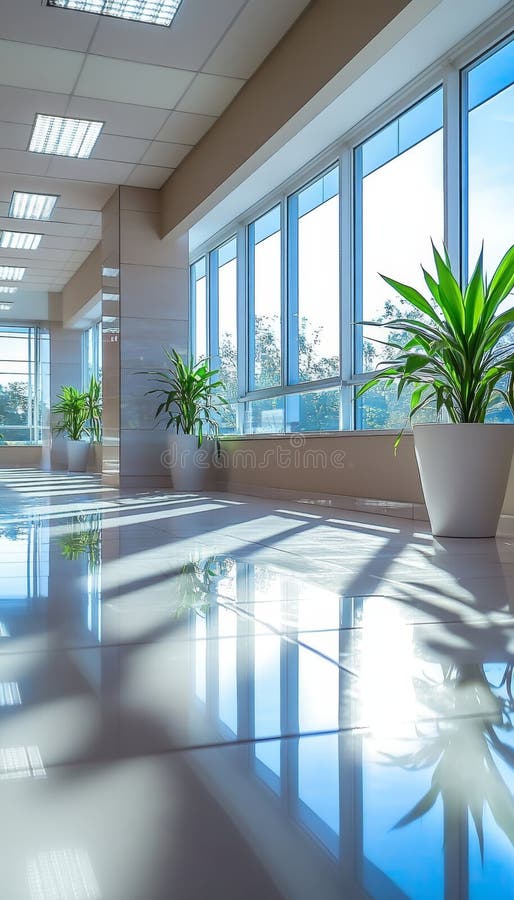 Empty, Modern Office Lobby with Large Panoramic Windows, Sunlight ...
