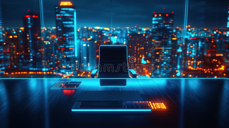 Empty Modern Office Overlooking a Vibrant Night City Stock Illustration ...