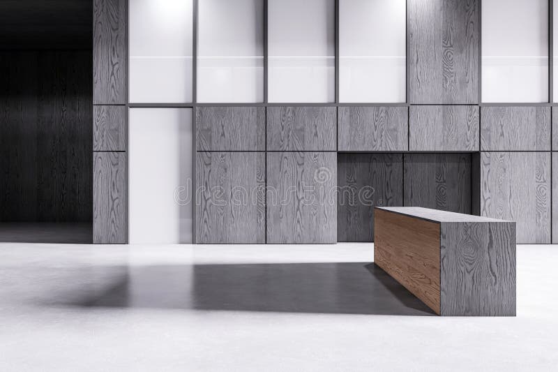 Modern Office Reception Area with Wooden Counter and Grey Panel Walls ...