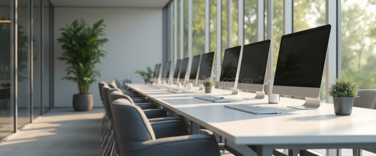 Empty Modern Office with Rows of Computers Stock Image - Image of ...