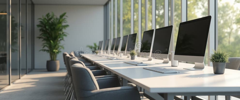 Empty Modern Office with Rows of Computers Stock Image - Image of ...