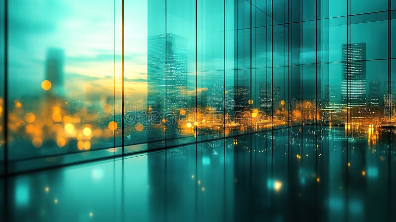 Empty Modern Office Space with City Views at Sunset. Large Windows ...