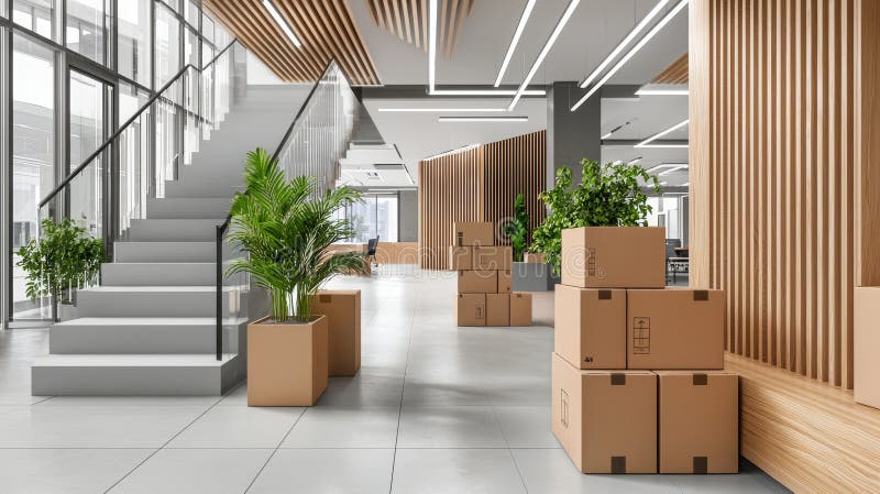 Empty Modern Office Space Filled with Cardboard Boxes and Indoor Plants ...