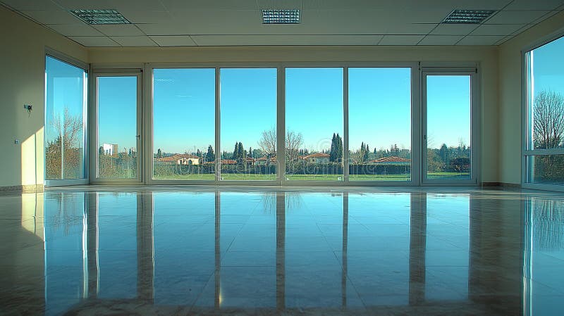 Empty Modern Office Space with Large Windows Showcasing a Tranquil View ...