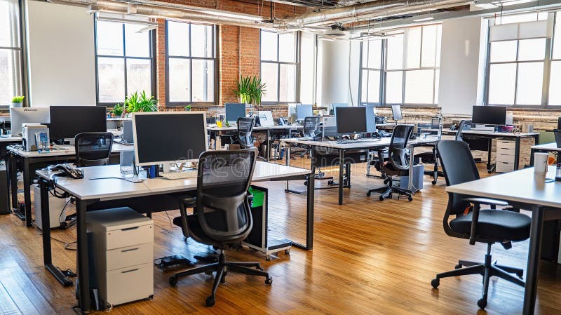 Empty Modern Office, Workstations, Sunlight, Brick Walls, Real Estate ...